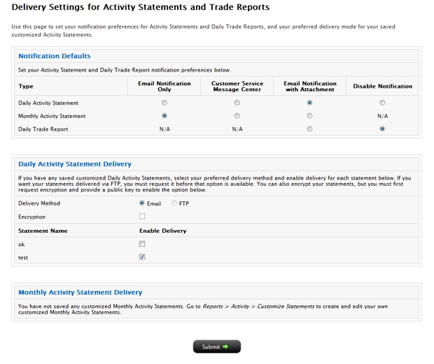 Delivery Settings for Activity Statements and Trade Reports